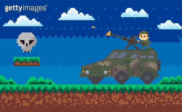 Military people fighting monster. Men armed with machine gun on roof of ...