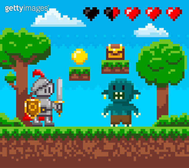 Pixel 8 bit retro game. Brave knight in iron suit fighting against ...