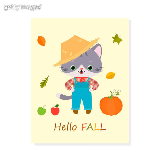 Cute cat and harvest. Greeting card Hello Fall! 이미지 (1334672252) - 게티이미지뱅크