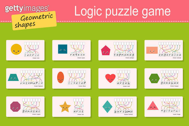 Logic puzzle game for children. Set of geometric shapes. Cartoon flat ...