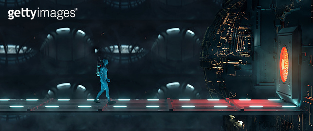 Cyborg walking on futuristic bridge to a building . Futuristic sci fi ...