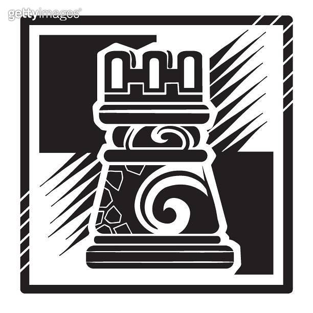 stylized drawing of a chess rook, isolated object on a white background ...