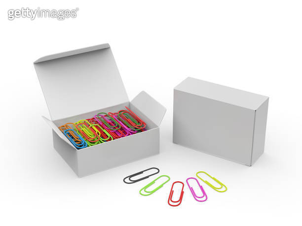 Round head metal stationery binder paper clips box pack, 3d render ...