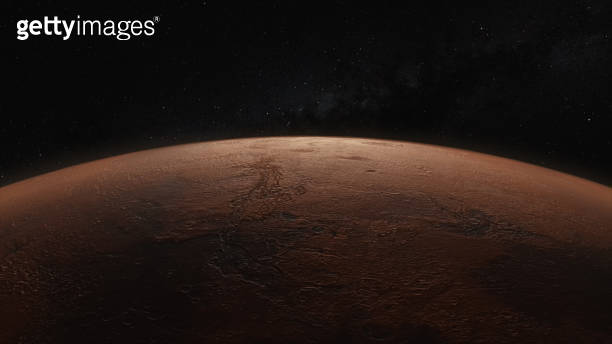 Cosmos concept. Flight over Mars. Top view of the planet's surface. 3d ...