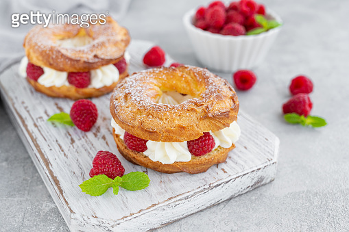Choux pastries. Choux rings with cream of cream cheese or cottage ...