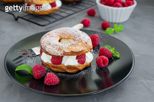 Choux pastries. Choux rings with cream of cream cheese or cottage ...