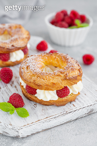 Choux pastries. Choux rings with cream of cream cheese or cottage ...