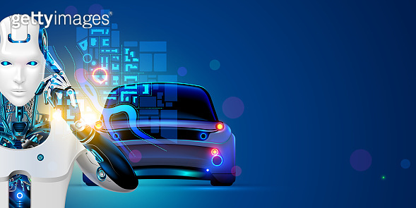 Robot driver of autonomous car. AI of driverless system of vehicles in ...