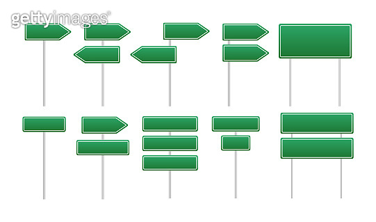 Set of green road signs. Blank street guideposts. Traffic signposts ...
