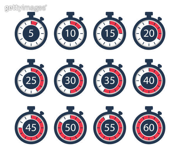 Set of simple timers. Stopwatch icons set, digital timer, clock. Countdown 5,10,15,20,25,30,35 ...