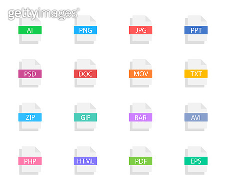 Collection of file type icons. Format and extension of documents. PDF ...