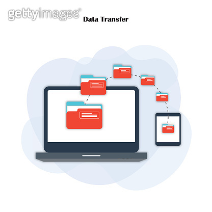 File transfer. laptop with folder on screen and documents transferred to smartphone. Copy files ...