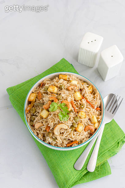 Indian Paneer Fried Rice, Paneer Pilaf Top Down Photo Garnished with ...