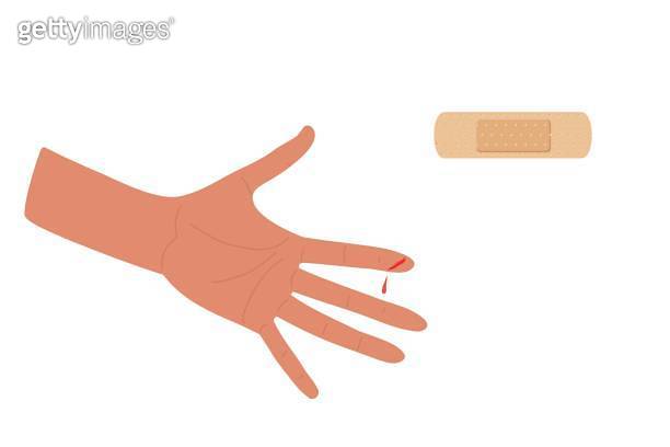 Physical injury. First aid for cuts. Dressing patch and injured arm ...