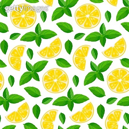 Mint Lemon Tea seamless pattern. Tea leaves, lemon slice, mint leaf. Flat vector illustration on ...