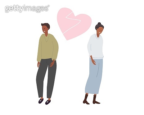 Couple breaks up. Sad man and woman turned away from each other. Flat ...