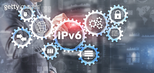 IPv6. Businessman pressing touch screen interface and select icon ...