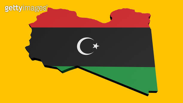 3D model of the map of Libya in the colors of the national flag on a ...