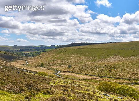 The West Dart Valley and a sturdy boundary wall on a beautiful blue sky ...