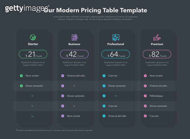 Simple pricing table layout with four subscription plans - dark version ...