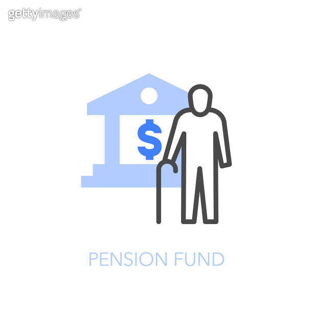 Pension fund symbol with an older person and a bank institute ...