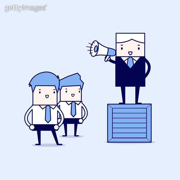 Boss commanding officers into a megaphone. Cartoon character thin line ...