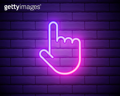 Neon sign hand pointing finger. Pink sign on a brick wall background ...