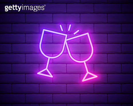 Two clinking red wine goblets with splash neon sign. Celebration design ...