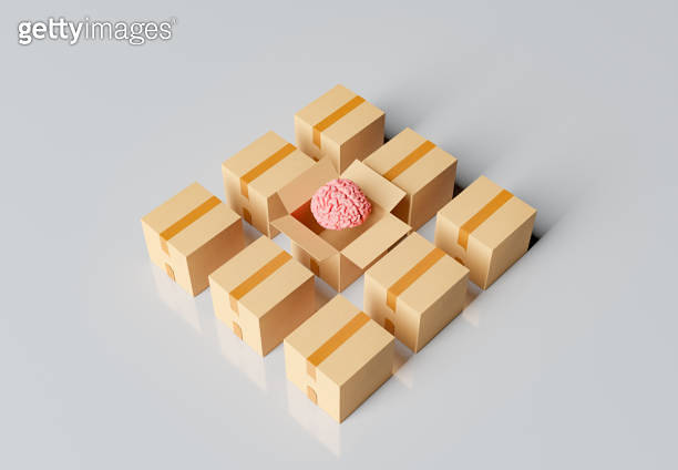 brain coming out of an open box surrounded by more boxes 이미지 ...