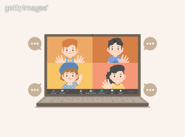 a laptop desktop children video call social online group to connect ...