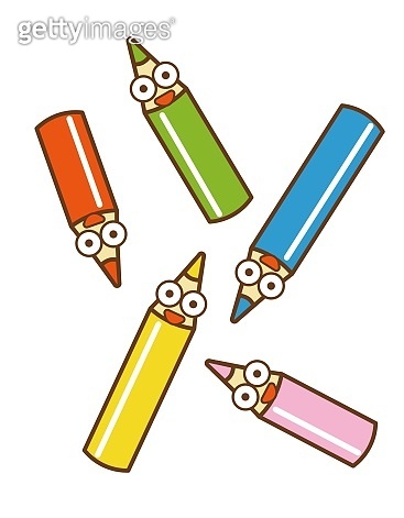 Fun friends of five colored pencils, scattered smiles, fun random ...
