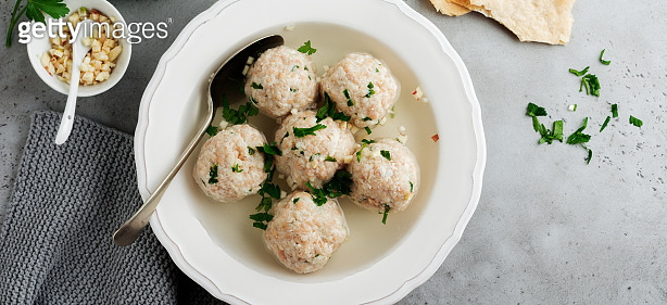 Traditional Matzah Ball Soup for Passover. Homemade chicken matzo ball ...
