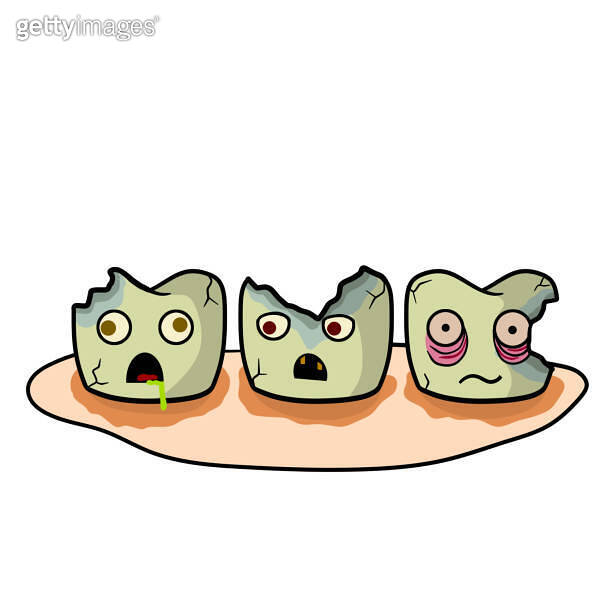 Caries and dental problems. Dentistry and sick dirty teeth with stains ...