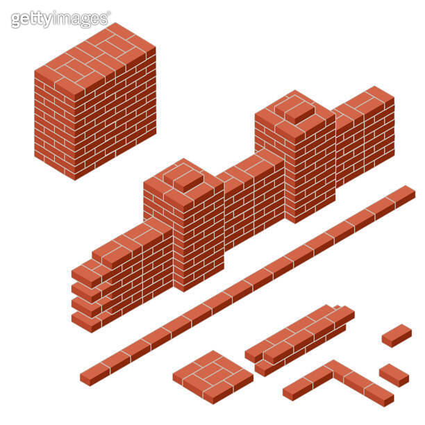 Red brick wall in isometric view. Construction of buildings. 이미지 ...