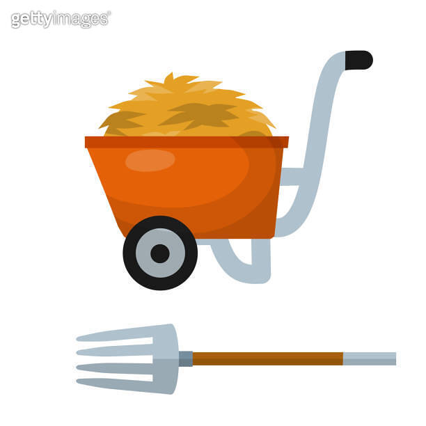 Haystack, red wheelbarrow, pitchfork. Tool for harvesting. Rural ...