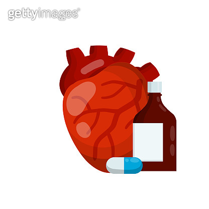 Heart and tablet packaging. Bottle of pills. Treatment of cardiac pain ...