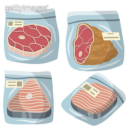 Packaging of frozen red meat. Fish and ham in bag. Cartoon flat ...