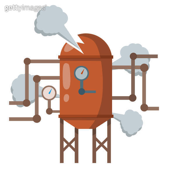 Overloaded steam boiler. Accident, explosion and smoke. Tank with pipe ...