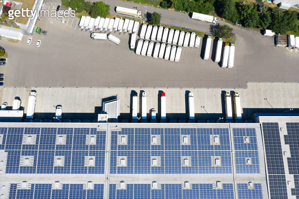 Aerial View of Trucks Loading at Logistic Center, Distribution ...