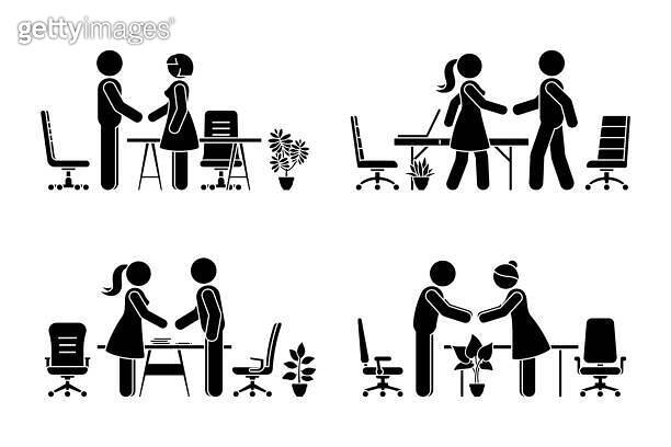 Stick figure business men and women at meeting, negotiation, good deal ...