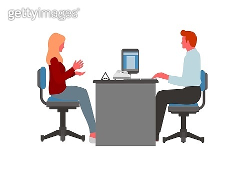 Male customer service serving a female client. Side view. Simple flat ...