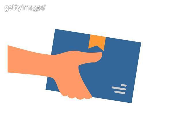 Hand carrying and giving a package. Simple flat illustration. 이미지 ...