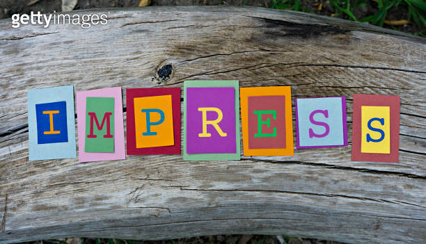 impress word written on colorful sticky notes on wooden background. 이미지 ...
