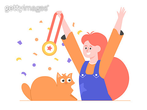 Prize, award, girl owner and pet celebrating success. Ginger cat ...