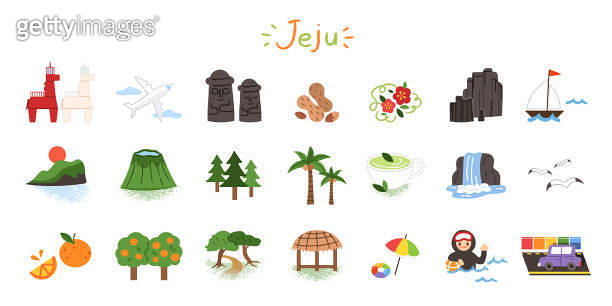 A collection of landmarks and specialties icons of Jeju Island ...
