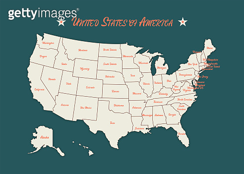 Poster map of United States of America with state names. Green, white ...