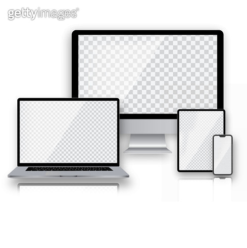 Realistic set of monitor, laptop, tablet, smartphone with transparent ...