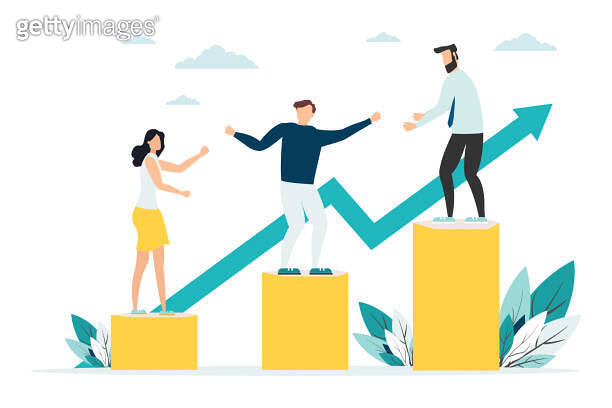 Employees giving hands and helping colleagues to walk upstairs. Team ...