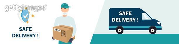 Safe delivery. Delivery by truck. A courier wearing a medical mask ...