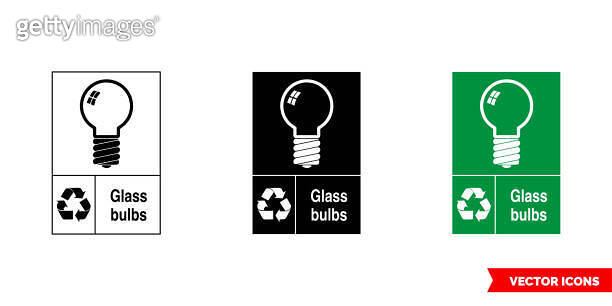 Glass bulbs recycling sign icon of 3 types color, black and white ...